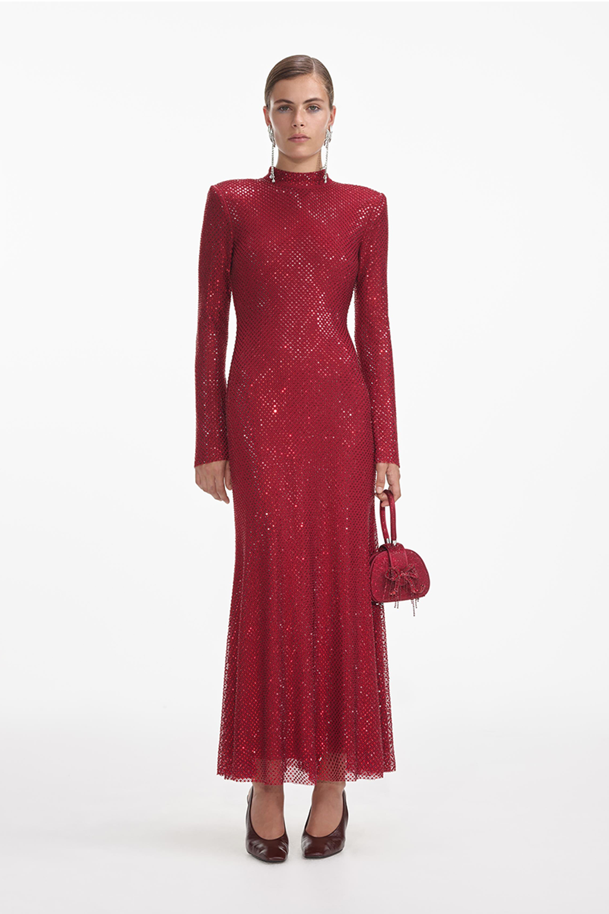 Self-Portrait Rhinestone Fishnet Midi Dress | Red | Canada | USA